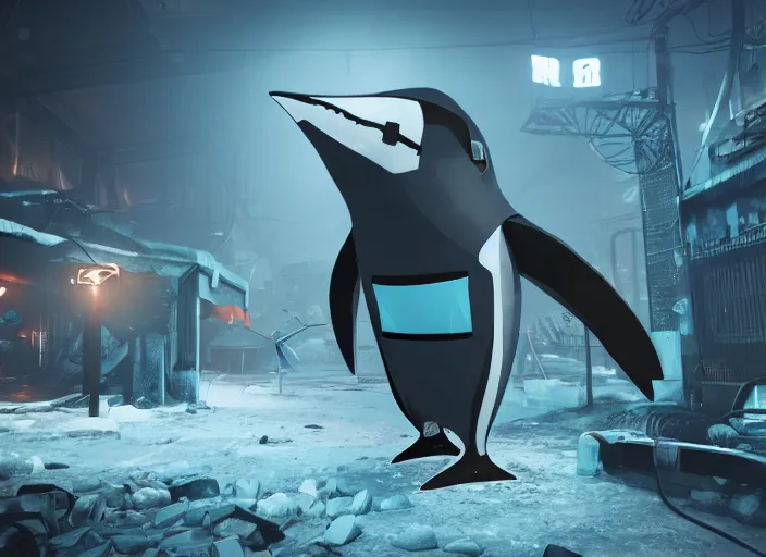 cyber penguin with shark teeth in fallout 4, horror | Stable Diffusion