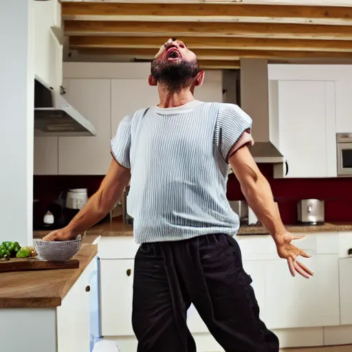 photo of a man dancing in the kitchen, full of trash, | Stable ...