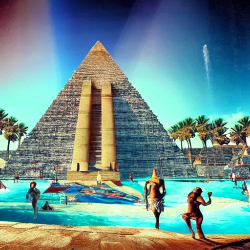 ancient egyptian pyramid waterpark with water slides, | Stable Diffusion