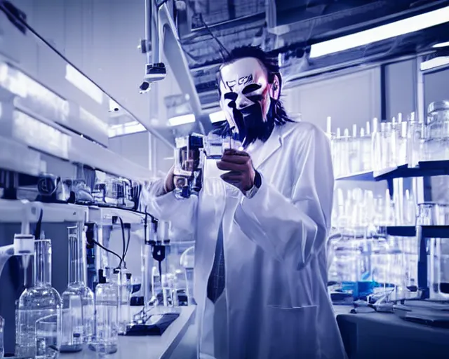 man wearing guy fawkes mask doing science in large | Stable Diffusion ...