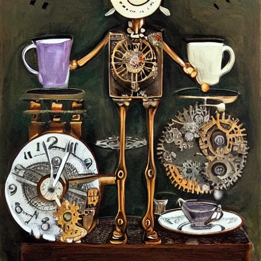 a butler made of clocks and cogs holding a plate of | Stable Diffusion