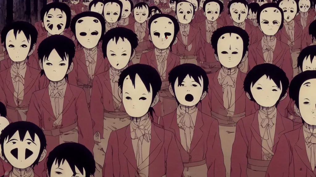 a group of villagers wearing eerie weird masks, anime | Stable ...