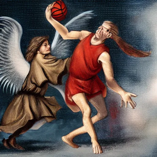Angel and Devil playing basketball in underworld, 8k, | Stable Diffusion