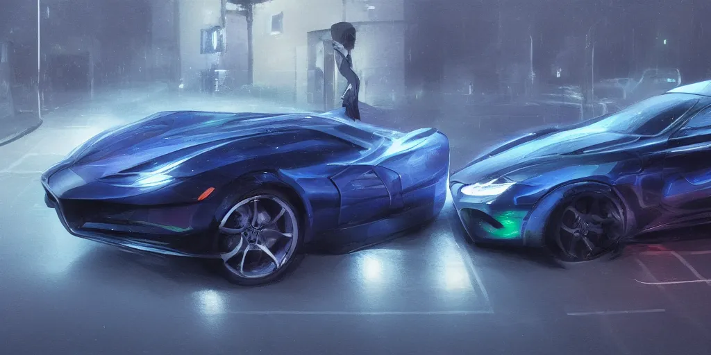 full view of a single sport car, driver leaning on the | Stable Diffusion