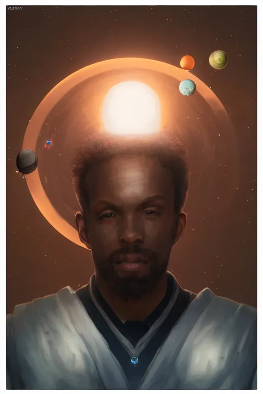 A portrait of a man with a solar system around the | Stable Diffusion ...
