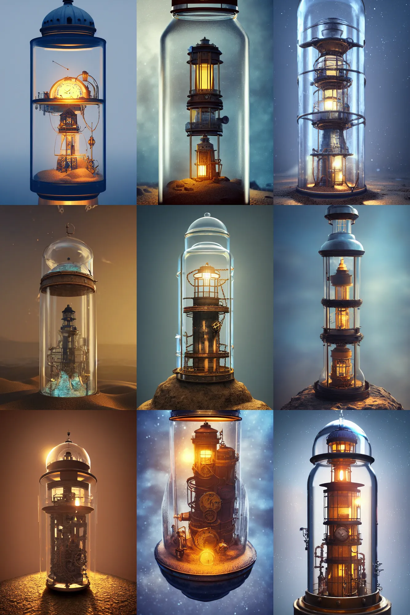 steampunk lighthouse inside a glass jar buried in | Stable Diffusion ...