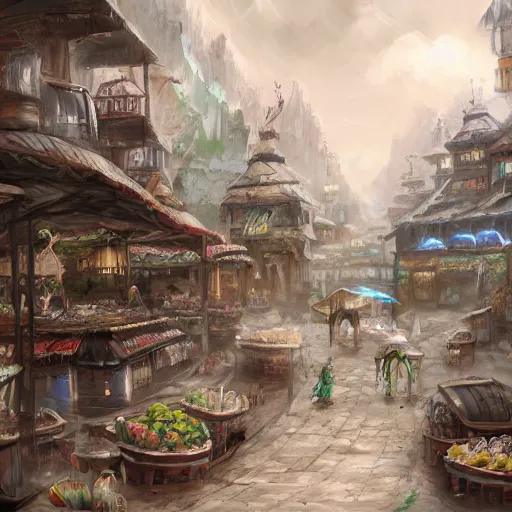 the market district in the tribal cloud village, | Stable Diffusion