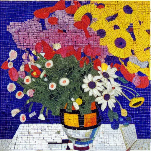 Fuchsia Daisies Still-Life piet mondrian mosaic | Stable Diffusion | OpenArt