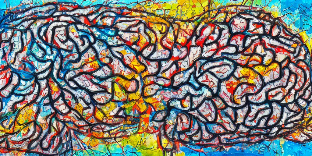 a big human brain a chain, collage, acrylic on canvas, | Stable ...