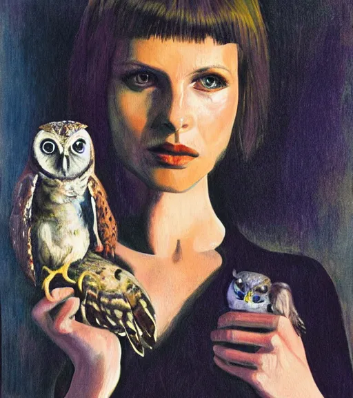 painting of rachel from blade runner, holding owl in | Stable Diffusion ...
