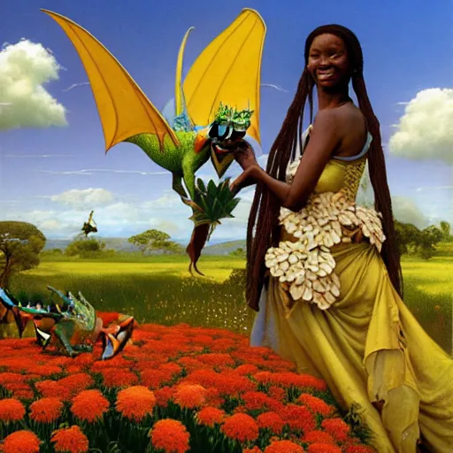 an african queen feeding her pet dragon in a field of | Stable ...