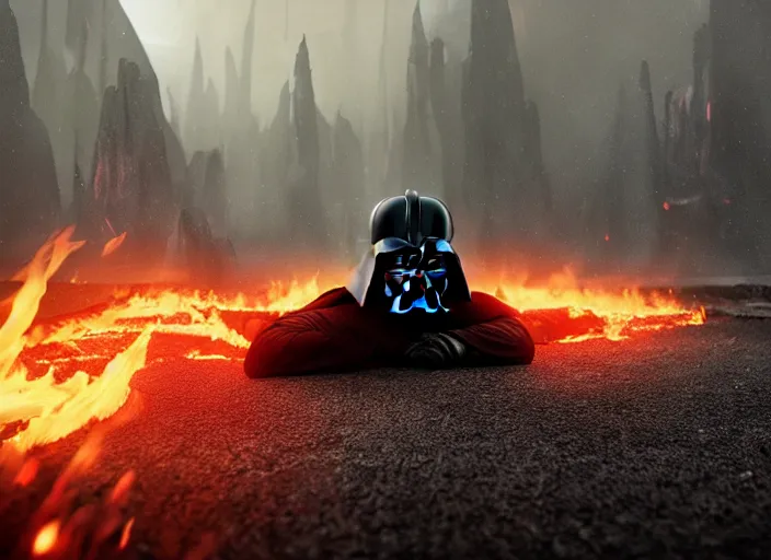 darth vader lying on the floor burning around flames, | Stable ...