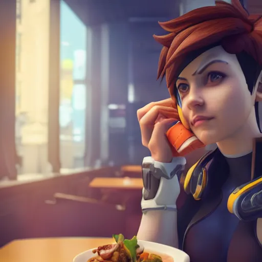 tracer from overwatch sitting alone in a restaurant, | Stable Diffusion