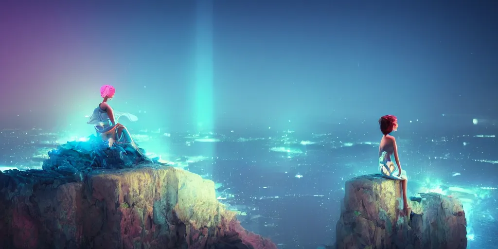 small blue fairy on a cliff looking to a synthwave | Stable Diffusion ...