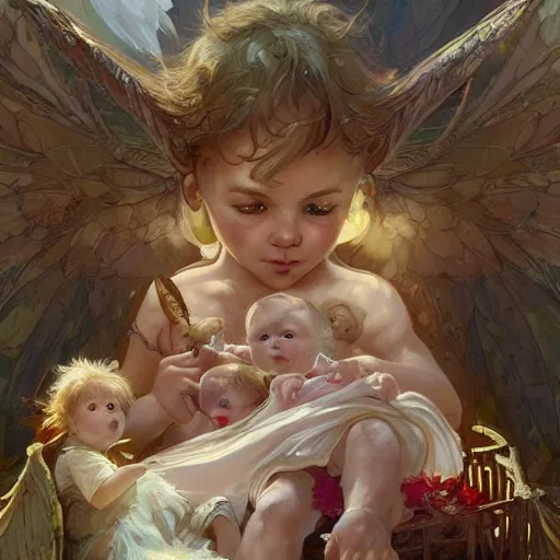 Baby angels with wings and pacifiers sitting in a big | Stable ...
