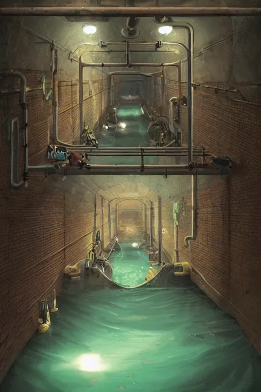 Simon Stalenhag concept art of wet underground sewer | Stable Diffusion ...