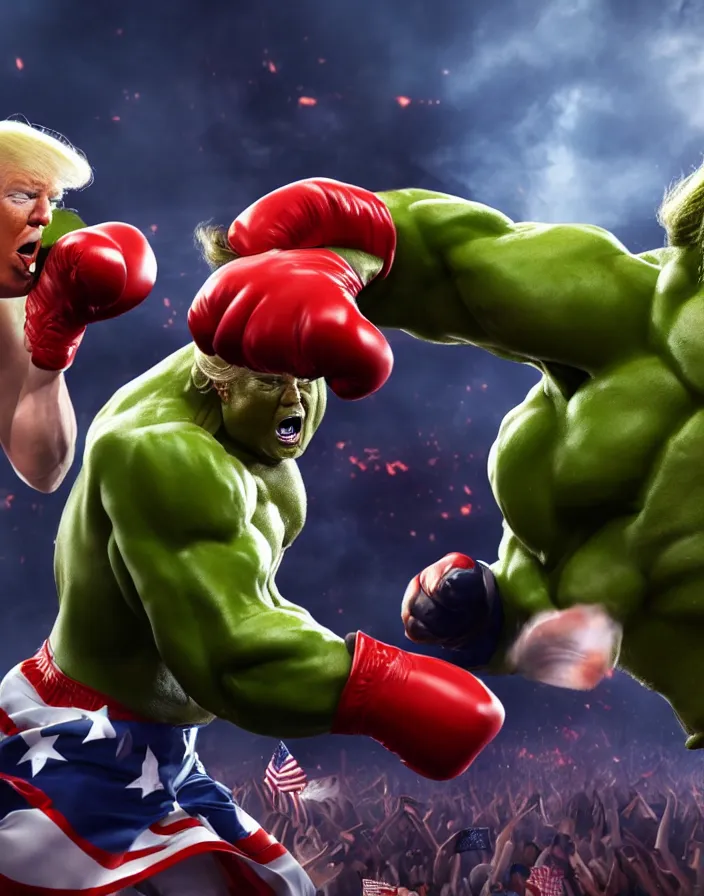 Donald Trump punches hulk, hyper realism, high detail, | Stable Diffusion