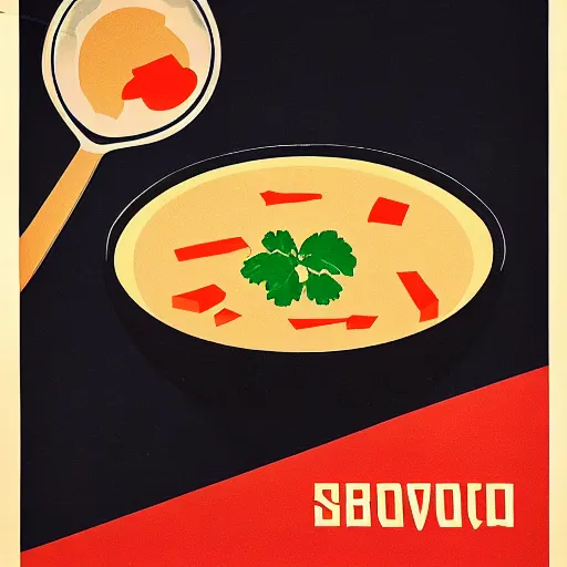 a propaganda poster of a bowl of soup, Soviet-era, | Stable Diffusion