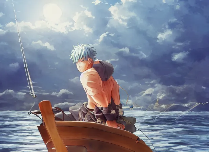 inexperienced boatman fishing on his boat, anime | Stable Diffusion