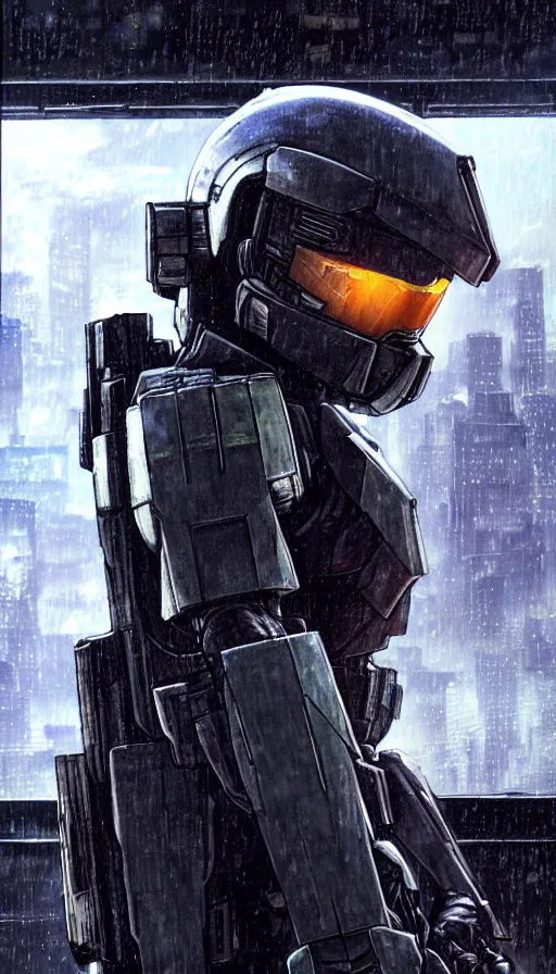 close shot of a hopeful odst looking at the rainy | Stable Diffusion