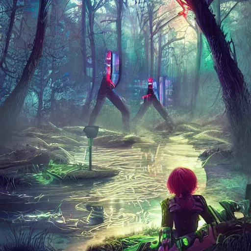 evil cyberpunk childs in a river into the forest, | Stable Diffusion