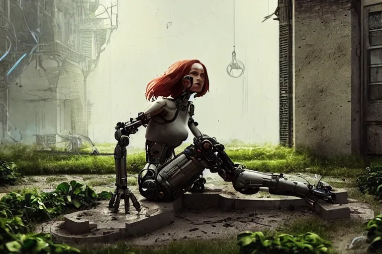 Broken cyborg girl sitting on old courtyard with mud | Stable Diffusion ...