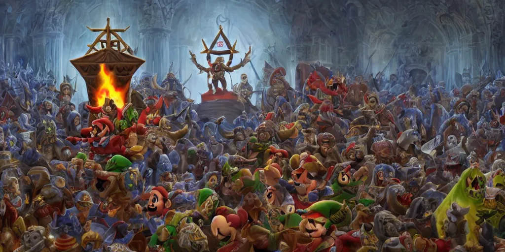 satanists in masonic lodge adoring a Mario Bros Statue | Stable ...