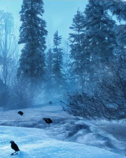 realistic scene of frozen forest and ravens, 8k, ultra | Stable ...