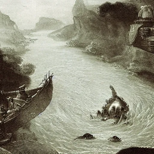 a river being swallowed by a greedy tyrant | Stable Diffusion | OpenArt