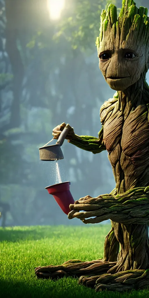 photorealistic wide shot of groot watering his feet | Stable Diffusion ...