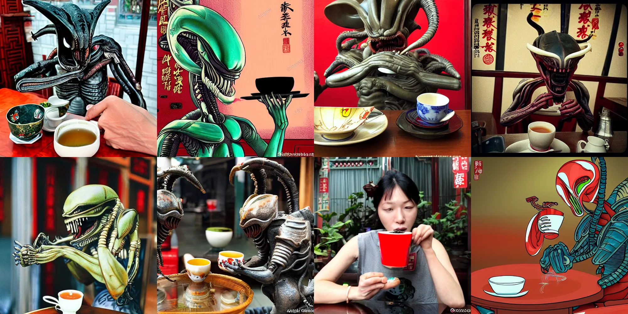 xenomorph alien drinking chinese tea in a chinese tea | Stable ...