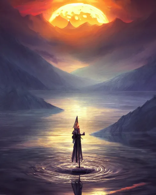 a magic sword rising from the middle of a lake under a | Stable ...