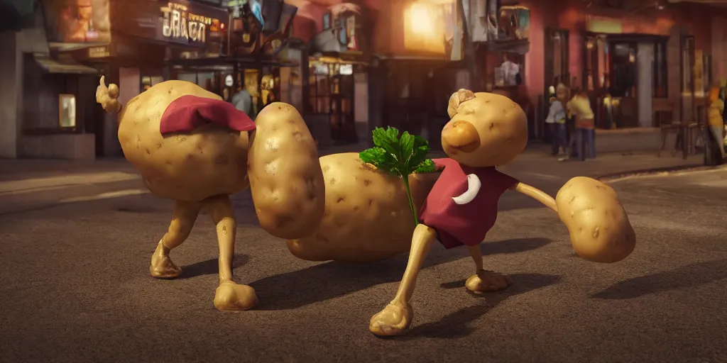 A potato with legs and arms walking into a bar, the | Stable Diffusion