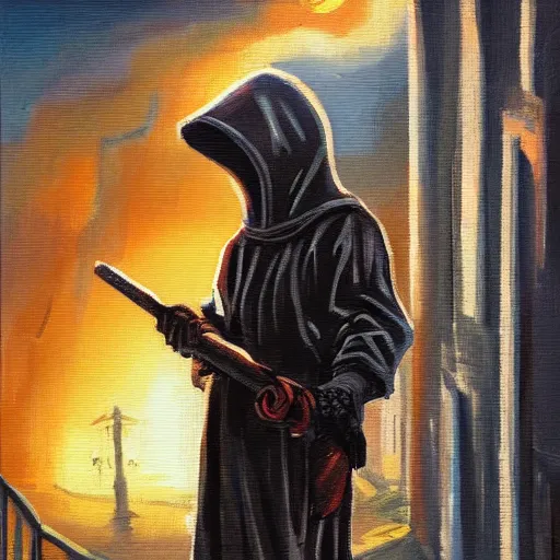 a hooded rogue leads you down an alleyway, oil | Stable Diffusion