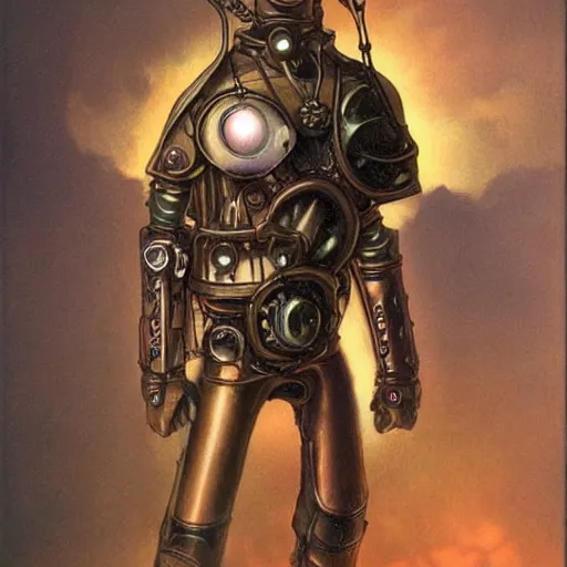 bronze steampunk android that emits purple fog, by | Stable Diffusion ...