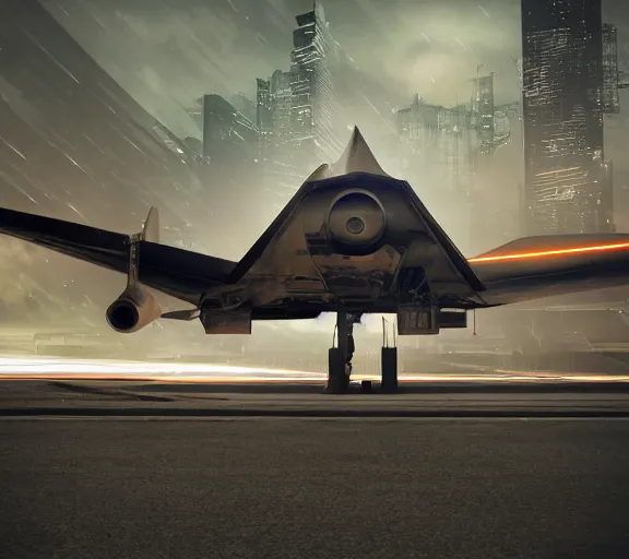 futuristic sci fi jet lands at runway of cyberpunk | Stable Diffusion