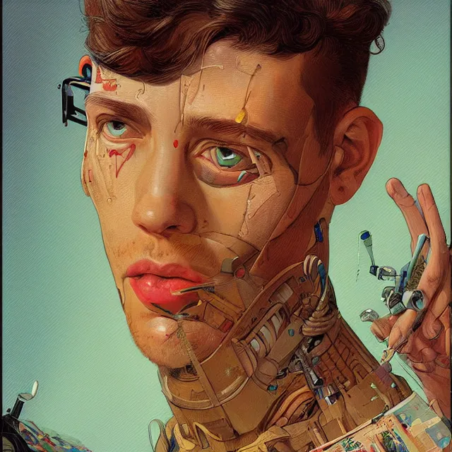 cyborg artist painting a self - portrait on a canvas. | Stable ...