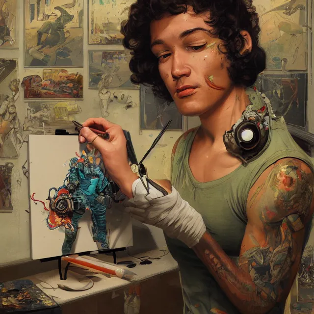 cyborg artist painting a self - portrait on a canvas. | Stable ...