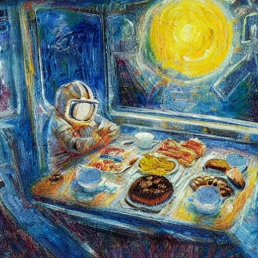 impressionism painting American Breakfast in space | Stable Diffusion