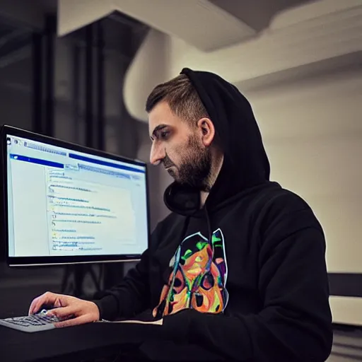 “giant rat hacker wearing a hoodie typing at a | Stable Diffusion | OpenArt