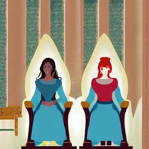 two beautiful young queens sitting in thrones across | Stable Diffusion ...