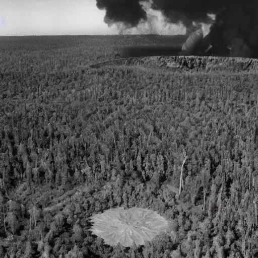 a large nuclear crater in the dirt, a destroyed forest | Stable Diffusion