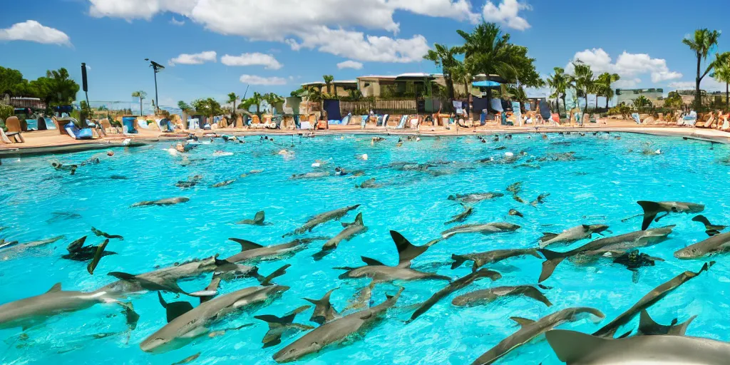 an extrior pool with sharks under a sunny day | Stable Diffusion | OpenArt
