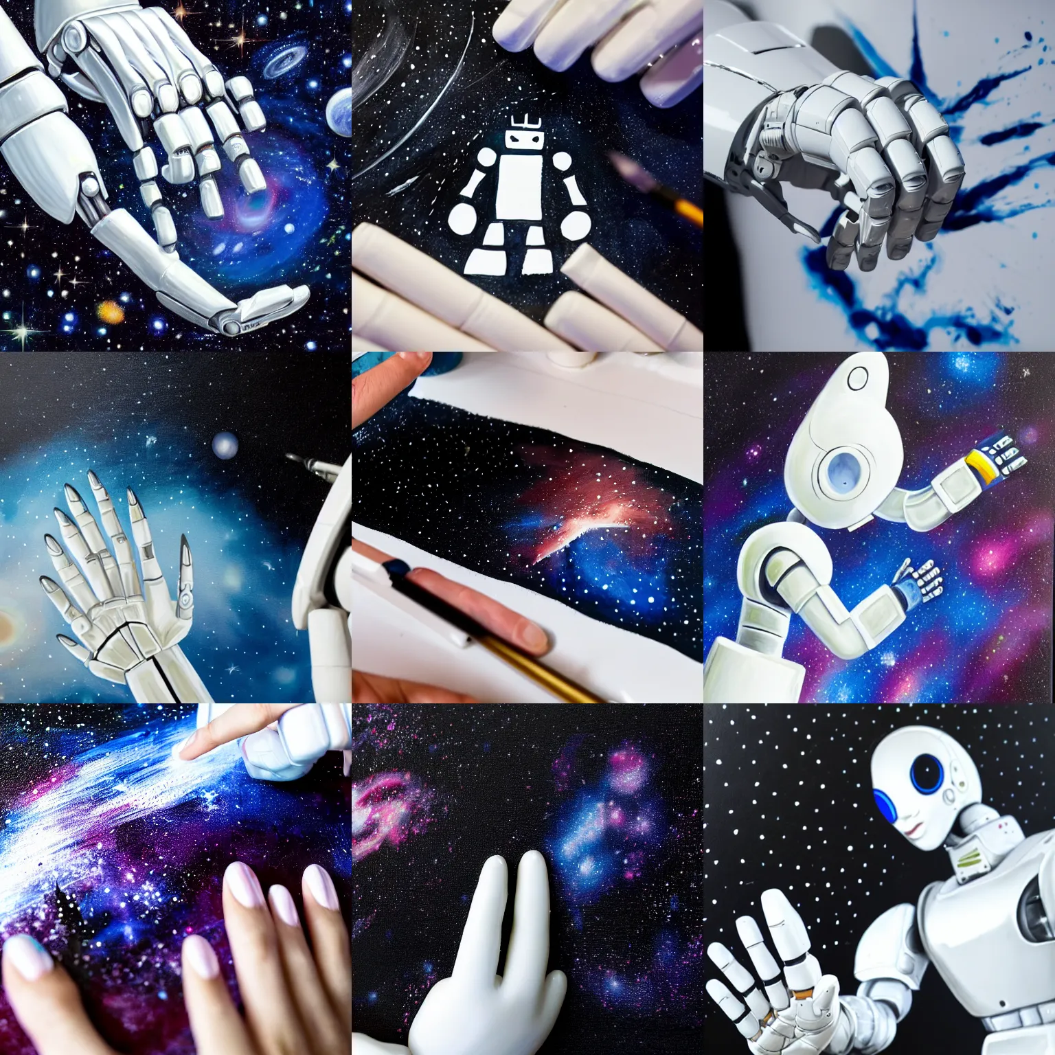 a closeup of a sleek white robot hand painting a galaxy | Stable Diffusion | OpenArt