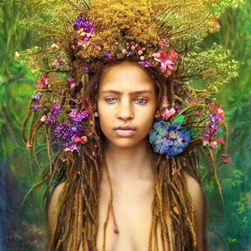beautiful portrait of a magical forest dryad, flowers | Stable ...