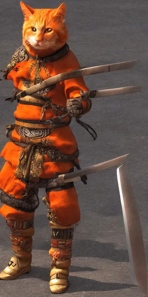 a veteran samurai orange cat in western gear with a | Stable Diffusion