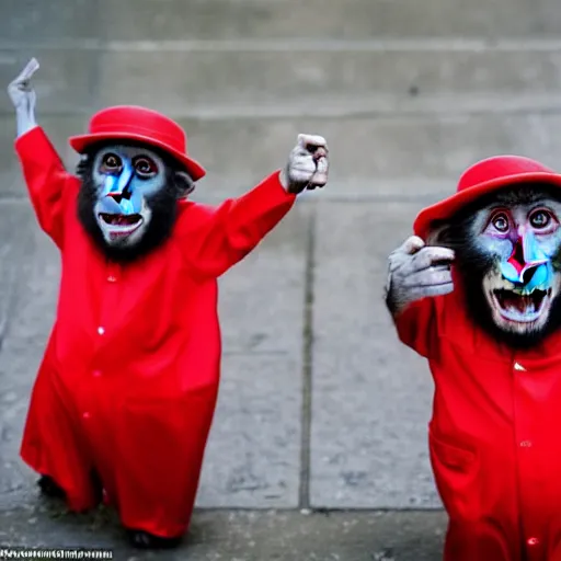 3 monkeys wearing red top hats, pointing their fingers | Stable ...