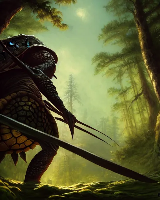 Turtle Warrior holding huge shield, forest background, | Stable Diffusion