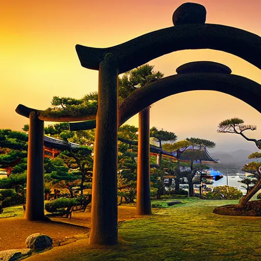 a japanese landscape filled with torii arches, dawn, | Stable Diffusion | OpenArt