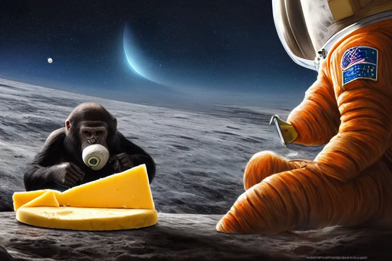 a matte painting of an ape as astronaut eating cheese | Stable ...